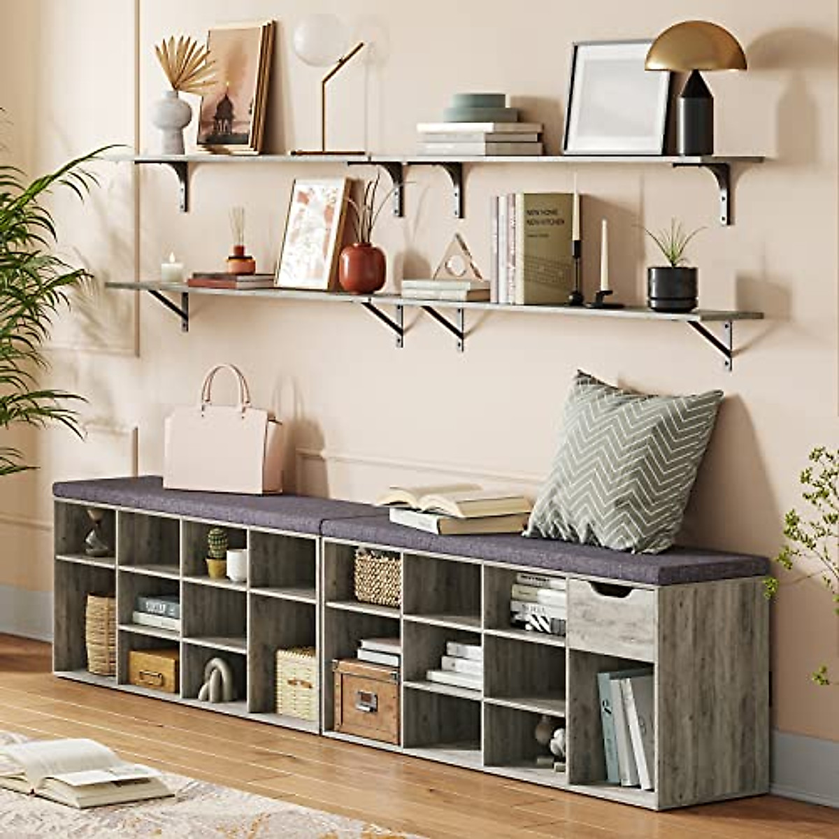 DINZI LVJ Long Wall Shelves, 47.3Inch Wall Mounted Shelves Set of 2, Extra Large Wall Storage Ledges with Sturdy Metal Brackets for Living Room, Bathroom, Bedroom, Kitchen, Grey Wash