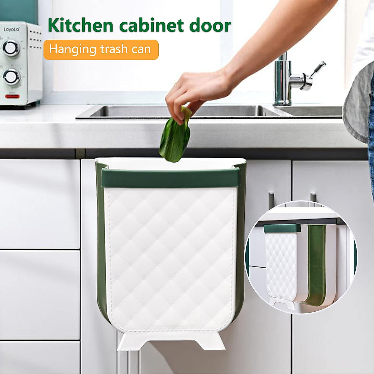 HUAPPNIO Hanging Trash Can for Kitchen Cabinet Door Wall Mounted Foldable Plastic Garbage Bin 2.6 Gallon Green