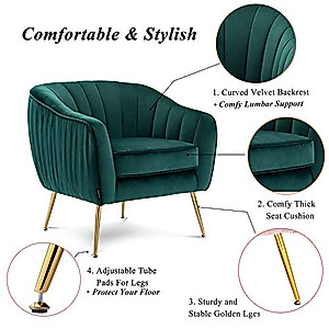 Artechworks Velvet Modern Tub Barrel Arm Chair Upholstered Tufted with Gold Metal Legs Accent Club Chair with Ottoman Footrest for Living Reading Room Bedroom, Green