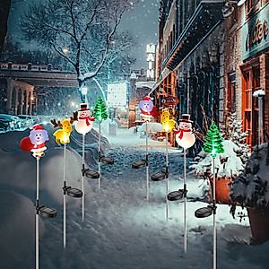 Glintoper 4 Pack Solar Christmas Figurine Lights, Outdoor Lighted Decorative Santa Claus, Snowman, Xmas Tree & Reindeer with Garden Stakes, Warm White LED Lighting Yard Stake for Path Lawn Patio Decor