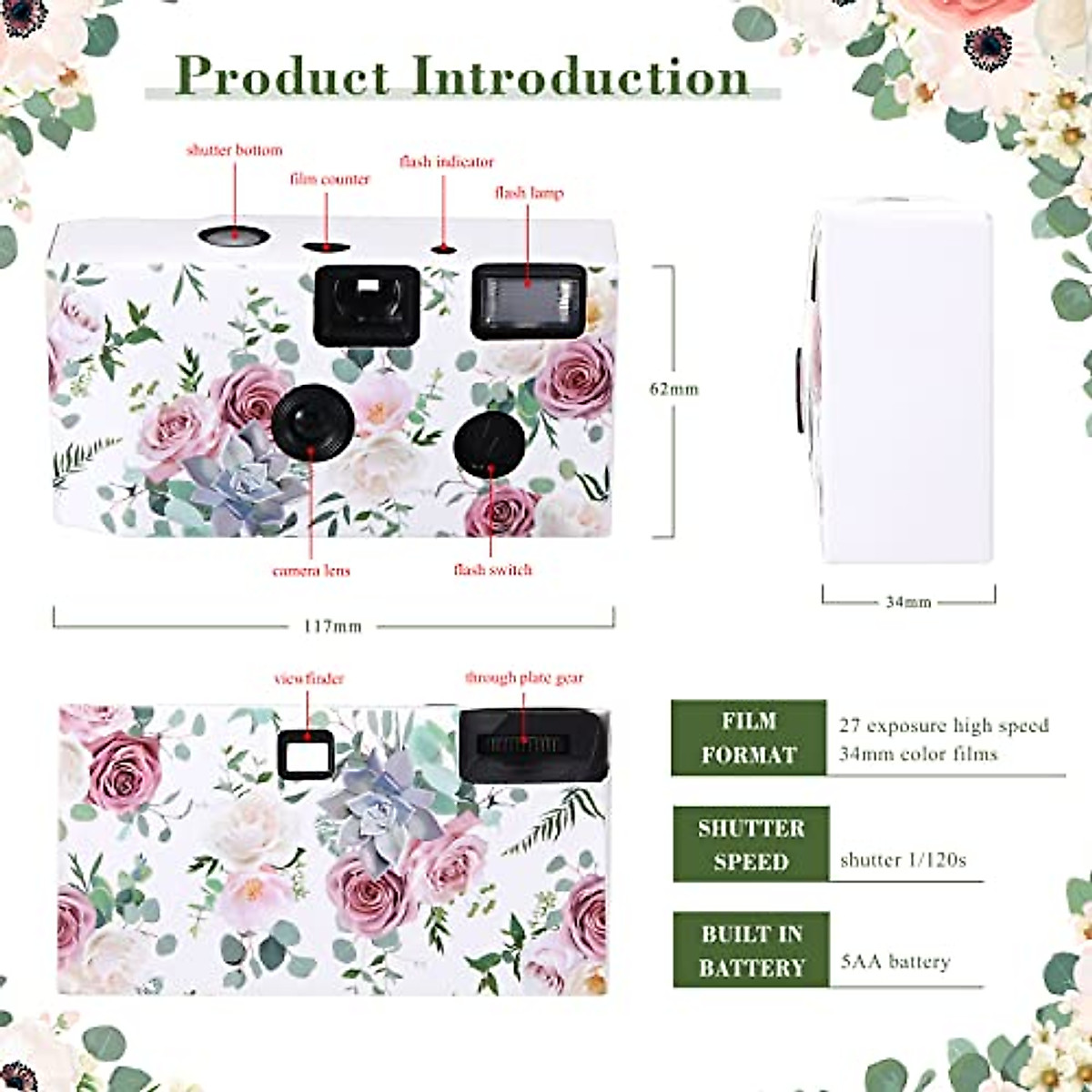 10 Pack Disposable Camera for Wedding Bulk, 34mm Single Use Camera Bulk with Flash and Hand Strap Disposable Cameras One Time Camera for Gathering Wedding Travel Party Supply (Black and White Film)