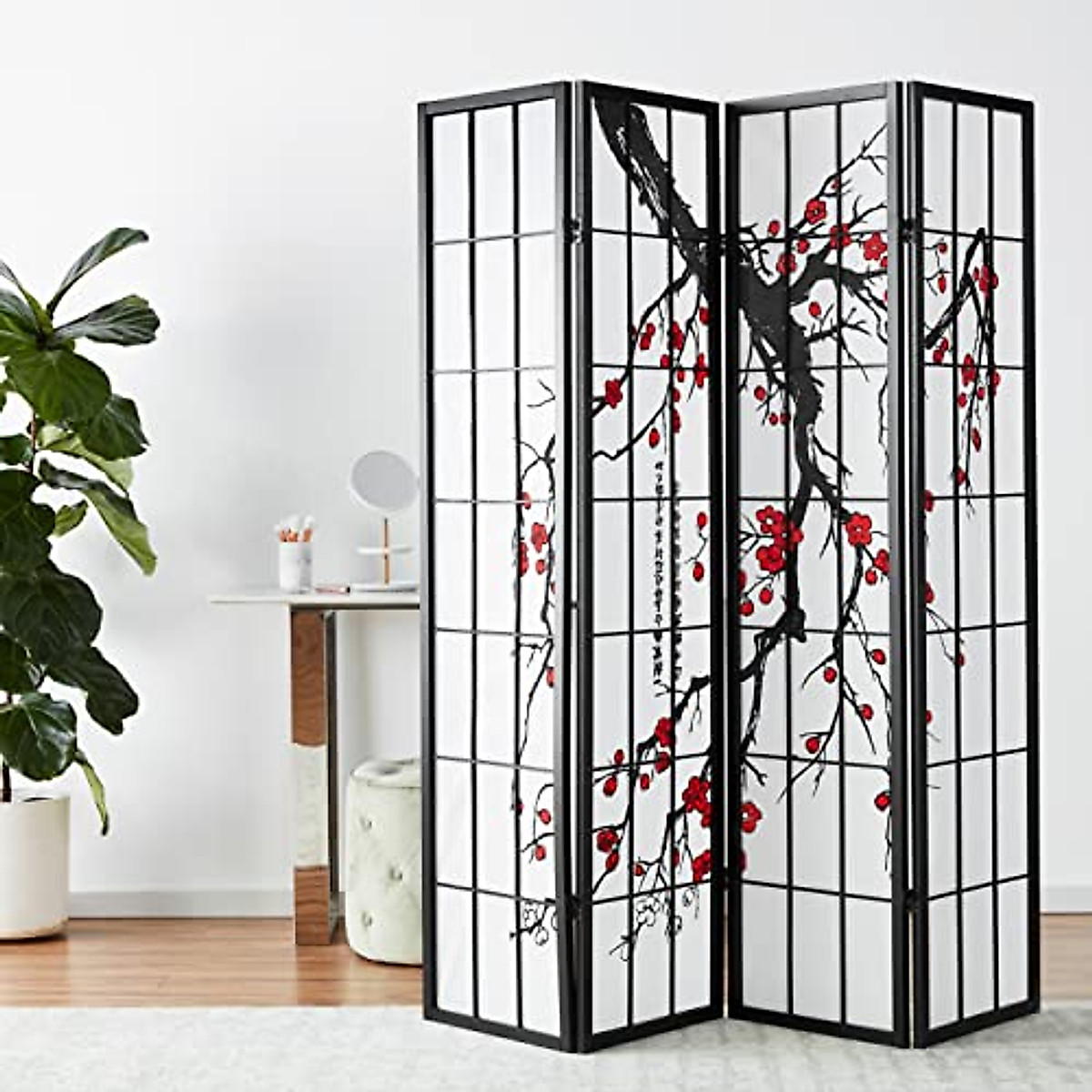 Roundhill Furniture Black Japanese 4-Panel Screen Room Divider, Plum Blossom