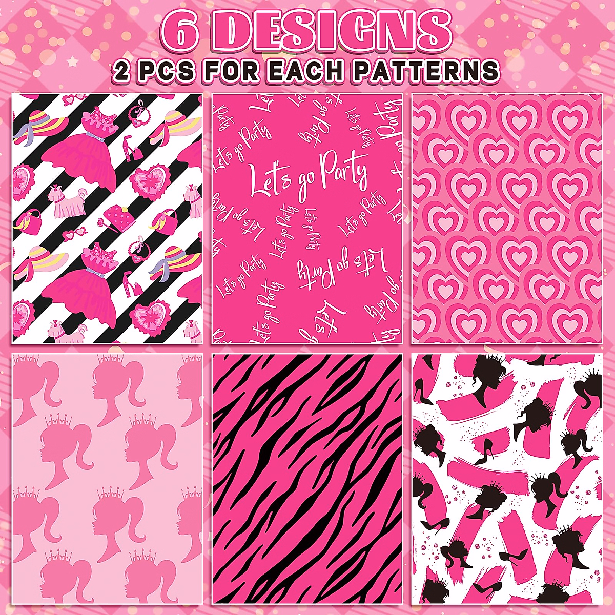 Whaline 12 Sheets Pink Girls Princess Wrapping Paper 19.7 x 27.6 Inch Hot Pink Girls Hearts Sweet Style Wrapping Paper Assorted Pink Girl Gift Wrap Paper for Birthday Baby Shower Wedding Party