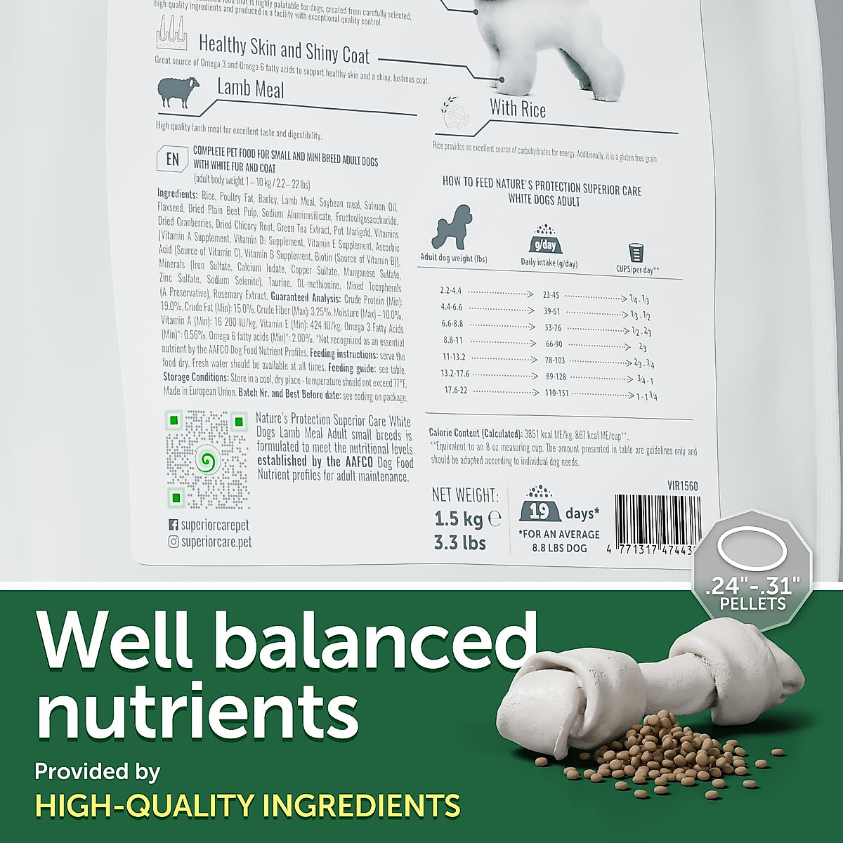 Nature's Protection Superior Care White Dogs Dry Dog Food with Lamb and Rice for Adult Small and Mini Breeds Light Coated Dogs 3.3lb