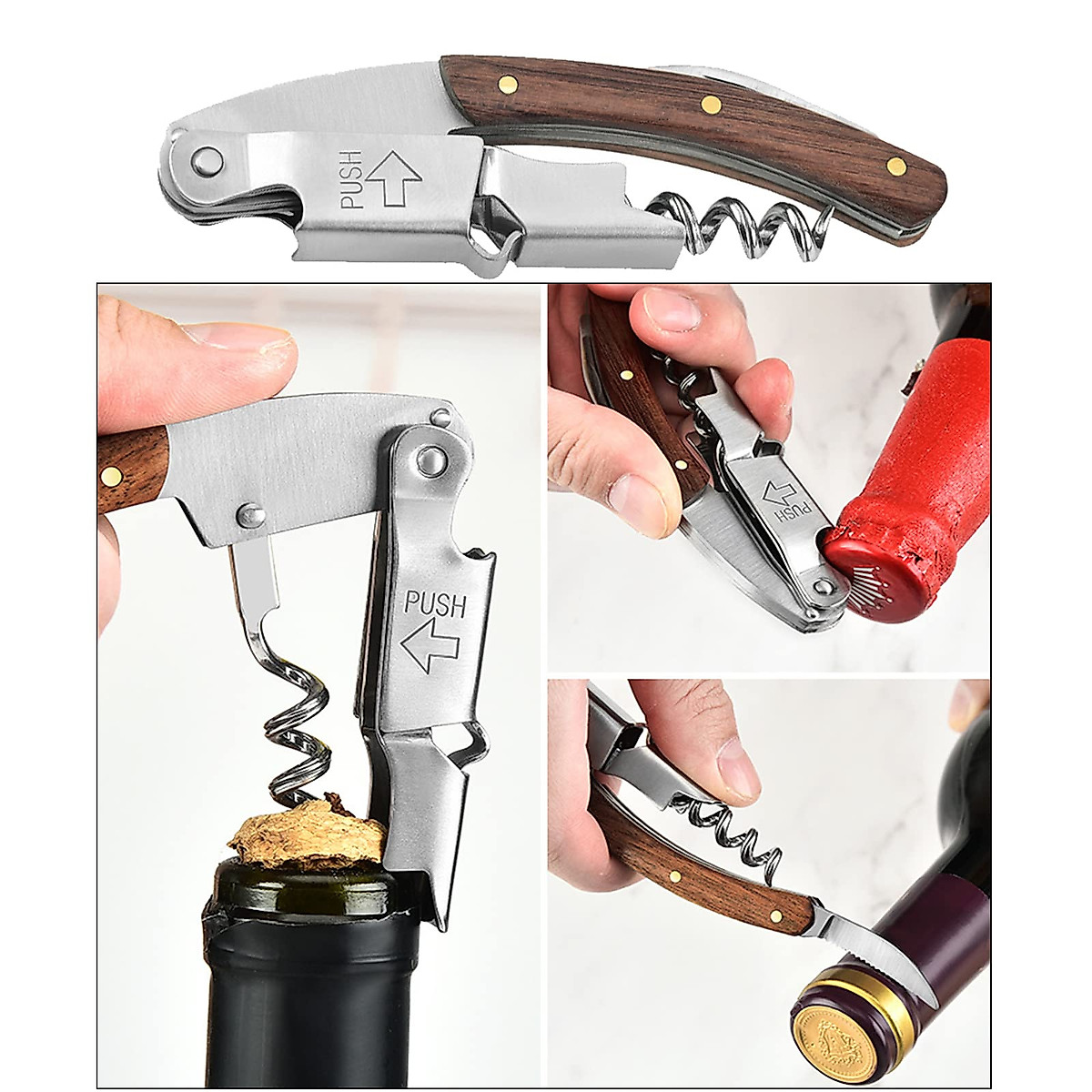 5 in 1 Lids off Bottle Opener, Jar Opener Multifunction Adjustable for 1-4 inches Bottle Can,Waiters Corkscrew, Wood &Steel Wine Opener, Ideal For Women, Kids, Seniors - for Multipurpose Kitchen Tool