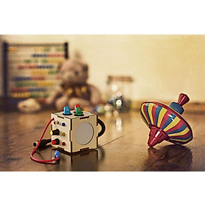 Montessori Busy Board Fidget Cube for Toddlers {Improved 2023 Version} Wooden Sensory Activity Cube Toys for Toddlers LED Light Up Buttons Pluggable Wires Baby Gifts Educational Learning Fidget Toy