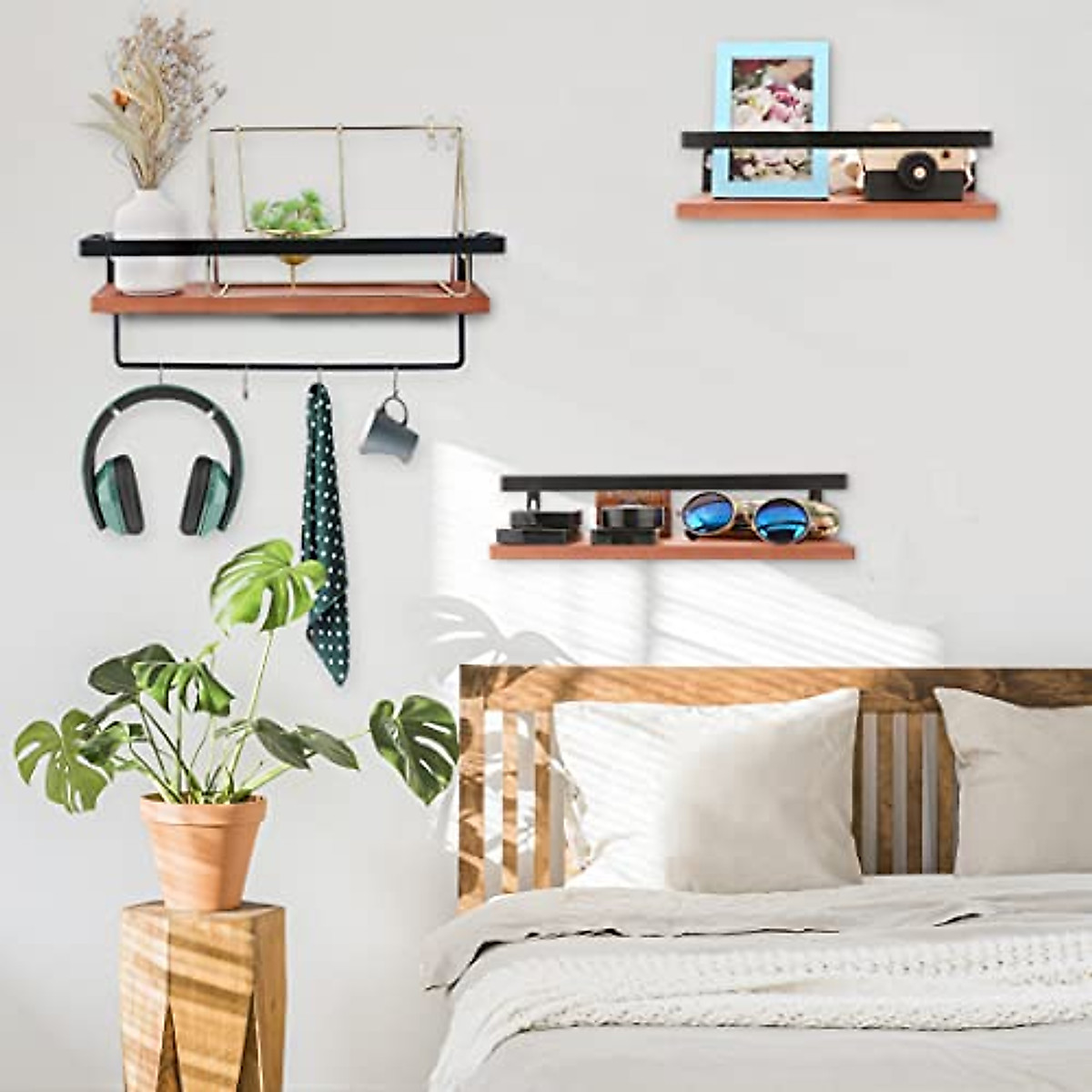 AKEYDIY Floating Shelves Wall Mounted Set of 3, Rustic Wood Wall Shelf with Metal Frame, Towel Rack for Bedroom, Living Room, Bathroom, Kitchen, Office and More