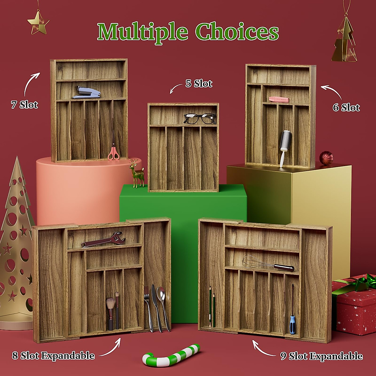 Kiasthome Acacia Wood Kitchen Silverware Drawer Organizer, Expandable Utensil Cutlery Drawer Organizer with Dividers, Flatware Organizer Silverware Tray for Spoon, Fork, 13''-21''x16.9'' (6-8 Slots)