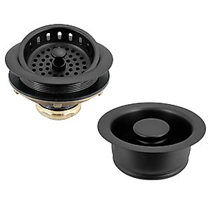 Westbrass D2165-25-62 4-1/4" OD Post Style Large Kitchen Basket Strainer with Waste Disposal Flange and Stopper Drain Set, 1-Pack, Matte Black