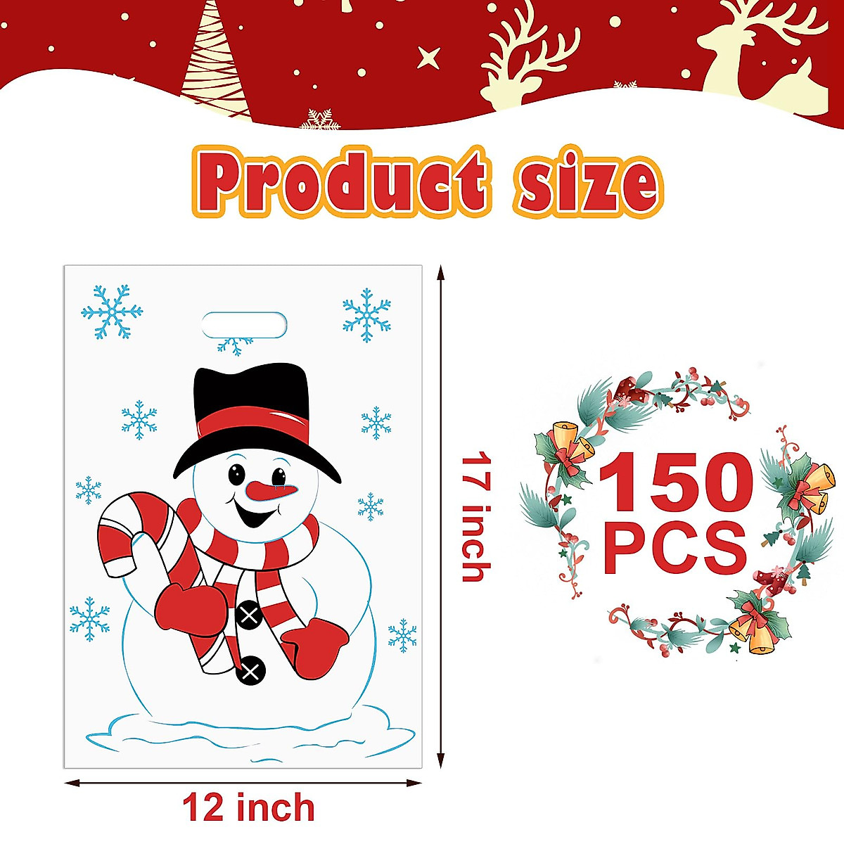 Tenceur 150 Pcs Christmas Jumbo Big Gift Bags 17 x 12 Inch Plastic Christmas Gift Wrapping Bags Large Christmas Bags for Gifts Presents Xmas Holiday Party Favor Goodie Storage (Snowman)