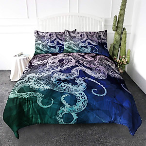 ARIGHTEX Octopus Duvet Cover Geometric Design 3D Octopus Bedding Set Nautical Ocean Blue Bed Linen Duvet Cover Set (Queen)