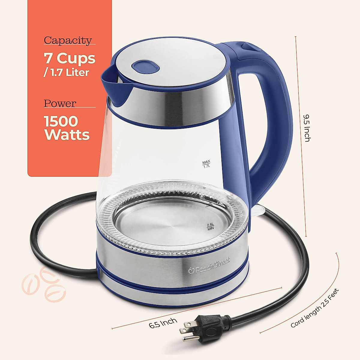 Speed-Boil Water Electric Kettle, 1.7L 1500W, Coffee & Tea Kettle Borosilicate Glass, Wide Opening, Auto Shut-Off, Cool Touch Handle, LED Light. 360° Rotation, Boil Dry Protection