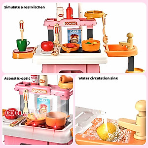 MUGEYMYD Kids Kitchen Playset for Toddlers 3-10 Years old,Pretend Play Kitchen Food Toy Accessories for boys and girls with Realistic Lights & Sounds, Play Sink, Easy to Assemble, Pink.