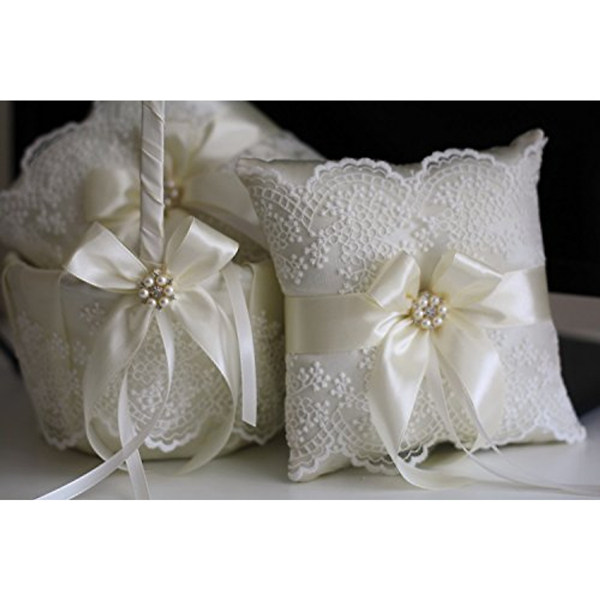 Alex Emotions Ivory Flower Girl Basket and Ring Bearer Pillow Set - Ivory Wedding Basket Pillow Set, Lace Ring Pillow, Lace Ring Holder, Lace Ring Pillow