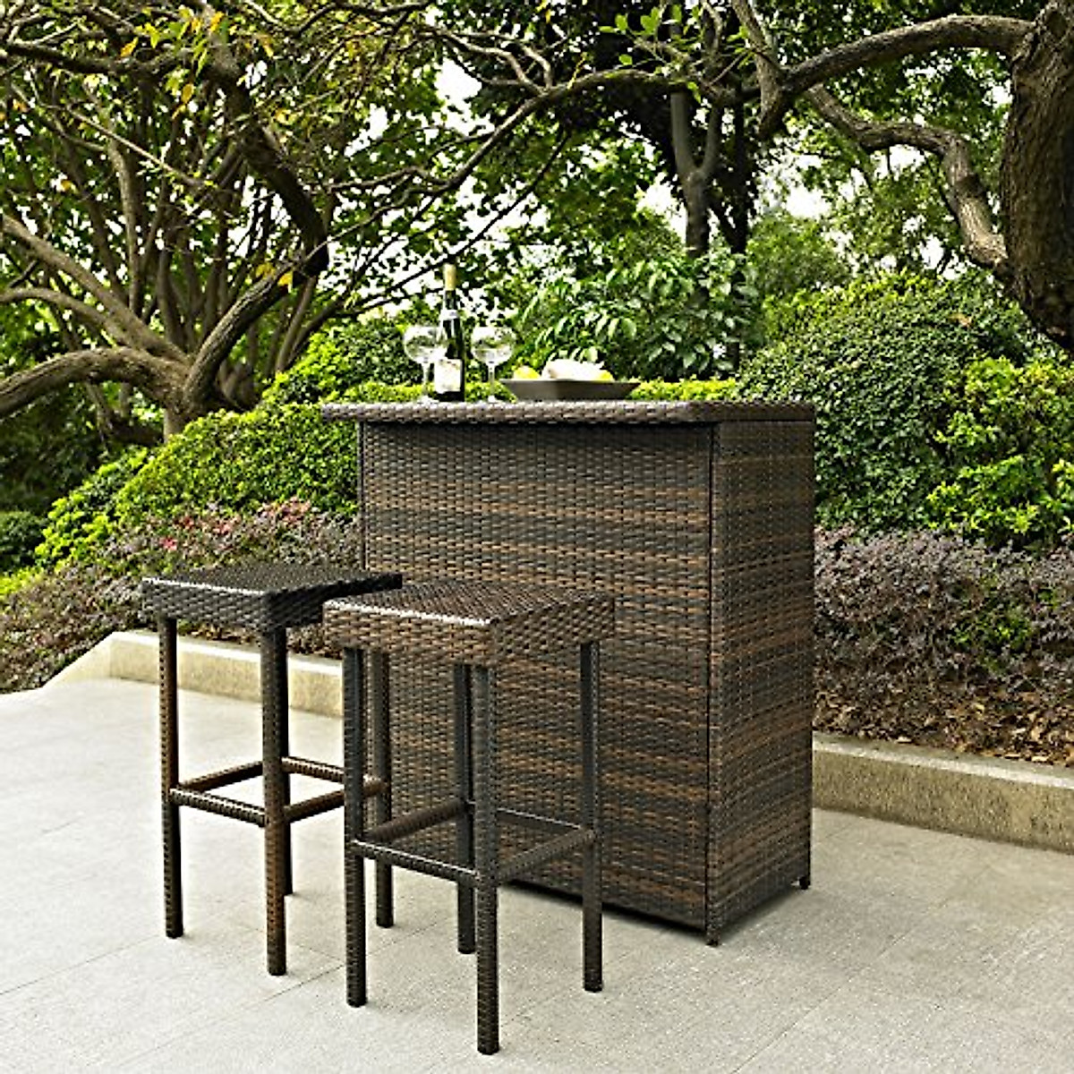 Crosley Furniture Palm Harbor 3-Piece Wicker Outdoor Bar Set with Two Stools for Backyard, Patio, Deck, Balcony, Brown