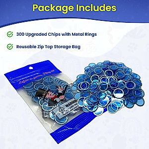 MR CHIPS Magnetic Bingo Chips with Metal Ring 3/4 Inch 300 Upgraded Pieces Blue Transparent - Available in 7 Colors A Reusable Storage Bag