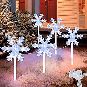 WATERGLIDE Set of 5 Snowflake Christmas Pathway Lights Outdoor, 9" x 23" Large Snowflake Lights Pathway Marker, Plug in Holiday Garden Decorative Lights with Stakes for Walkway Patio Yard Xmas Decor