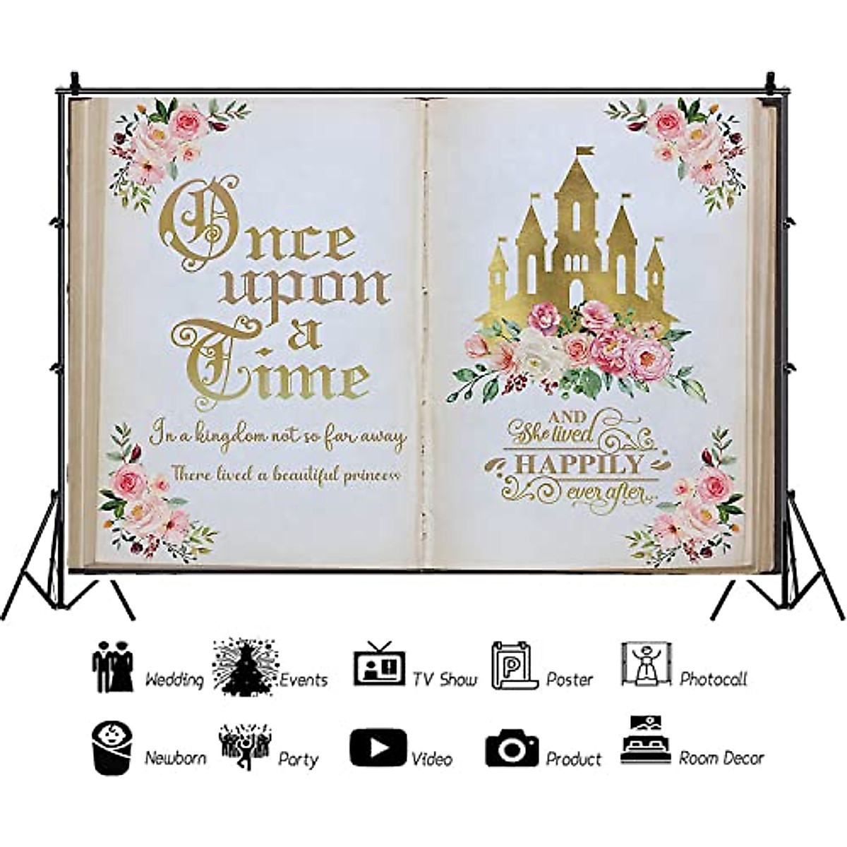 Aumeko Once Upon a Time Backdrop Pink Floral Gold Castle Princess Fairytale Birthday Party Decoration Girls First Birthday Party Photobooth Backdrop Supplies Cake Table Decorations