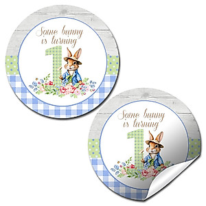 Little Rabbit First Birthday Thank You Sticker Labels for Boy, 40 2" Party Circle Stickers by AmandaCreation, Great for Party Favors, Envelope Seals & Goodie Bags