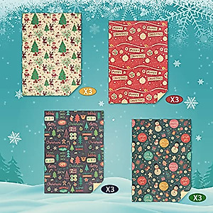 Christmas Wrapping Paper, Gift Wrapping Papers, 20 x 28 inches per sheet, Santa Snowmen Deer Bell Tree Kraft Wrapping Paper for Family Friends Kids lovers on Christmas or Birthday(4 Designs 12 sheets)