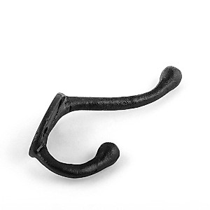 Renovators Supply Manufacturing Black Wrought Iron Robe and Coat Double Hooks 5 in. Long Rustic Entry Way Hat or Jacket Hanger Wall Mount Rust Resistant Bathroom Towel Hooks with Hardware
