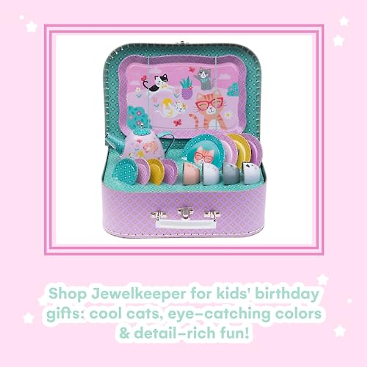 Jewelkeeper Toddler Toys - Tea Party Set for Little Girls - 15 Piece Toddler Tea Set Includes Teapot, Cups, Saucers, Plates, and Serving Tray, Cat Design with Carry Case for Easy Storage