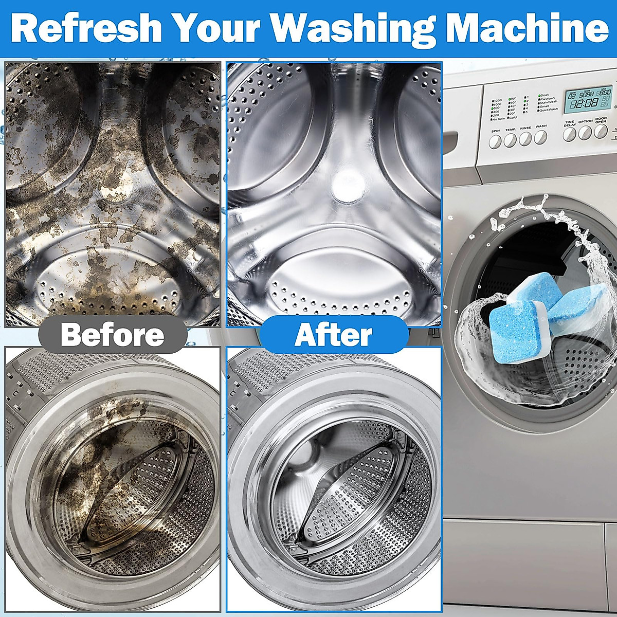 Dansib 100 Pcs Washing Machine Cleaner Tablets Cleaner Descaler Bulk Household Washing Machine Cleaners Deep Cleaning Tablets Safe Deodorizer for Laundry Tub HE Front Loader