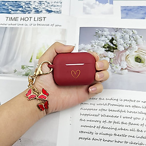 AIIEKZ Compatible with AirPods Pro 2 Case Cover 2022, Soft Silicone Case with Gold Heart Pattern for AirPods Pro 2nd Generation Case with Cute Butterfly Keychain for Girls Women (Burgundy)
