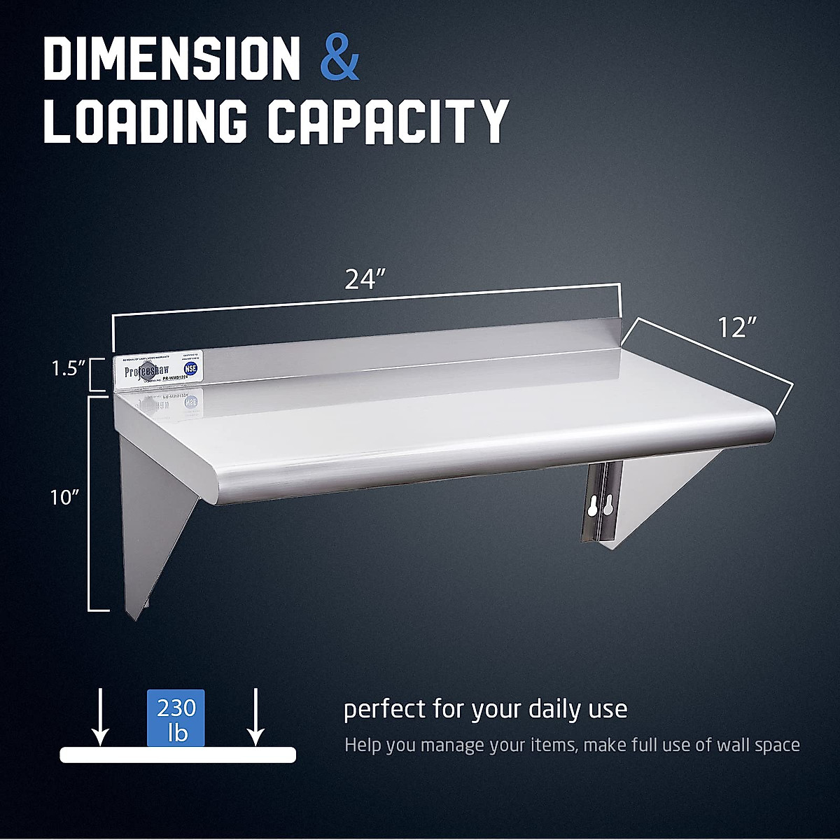 Profeeshaw NSF Stainless Steel Shelf 12” x 24”, 230 lb Commercial Shelves Wall Mounted Metal Shelving with Backsplash and 2 Brackets for Restaurant, Bar, Utility Room, Kitchen and Garage