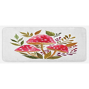 Ambesonne Nature Kitchen Mat, Aquarelle Amantias with Autumn Season Foliage and Berries Mushroom Illustration, Plush Decorative Kitchen Mat with Non Slip Backing, 47" X 19", Green Pink