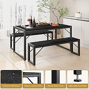 Gizoon 45.5" Dining Table Set for 4, Kitchen Table Set with 2 Benches, Dining Room Table Set with Metal Frame & MDF Board, Space-Saving Dinette for Kitchen, Dining Room -Black