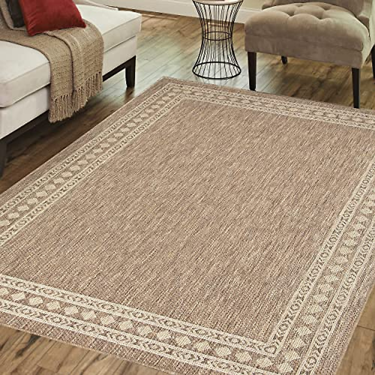 PRIYATE Indoor/Outdoor Area Rug 5'3" x 7'6'' – Border Design Freedom Asha Collection - Easy to Clean, Water/Stain/Fade Resistant, Pet Friendly, High Traffic Carpet for Patio, Deck, Living Room