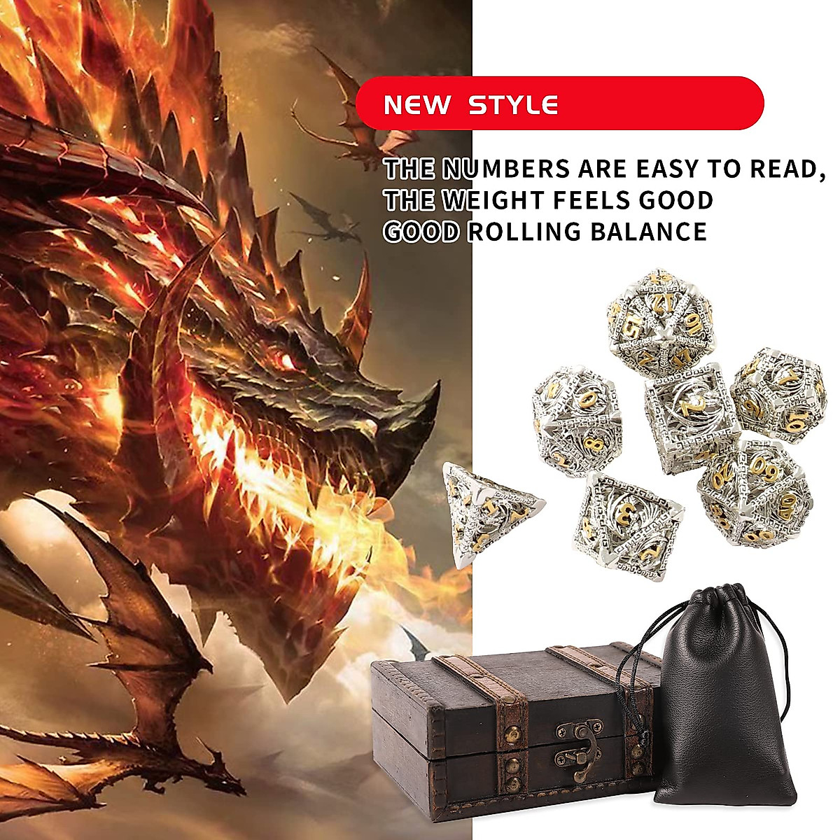 DDFE New Hollow Metal DND Dice 7Pcs Set for Dungeons and Dragons RPG MTG Table Games D&D Pathfinder Shadowrun and Math Teaching,d and d Game Dice with Gift Box,Great DND Gifts