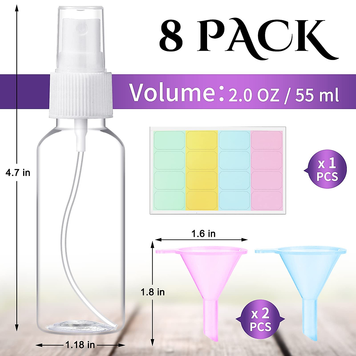 Mandydov 8 Pack Clear Empty Mini Little Spray Bottles, Fine Mist 2oz / 55ml Refillable Pocket Size Sprayer Plastic Mini Travel Bottle Set Makeup Bottles with 2Pcs Funnels and 4 Color Labels