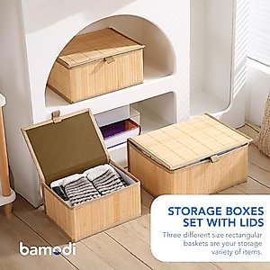 Bamboo Decorative Storage Boxes With Lids - Nesting Rectangular Lidded Box for Organization - Stackable Basket with Cloth Liner - Organizer for Toys, Home, Office - Woven Basket - Set of 3