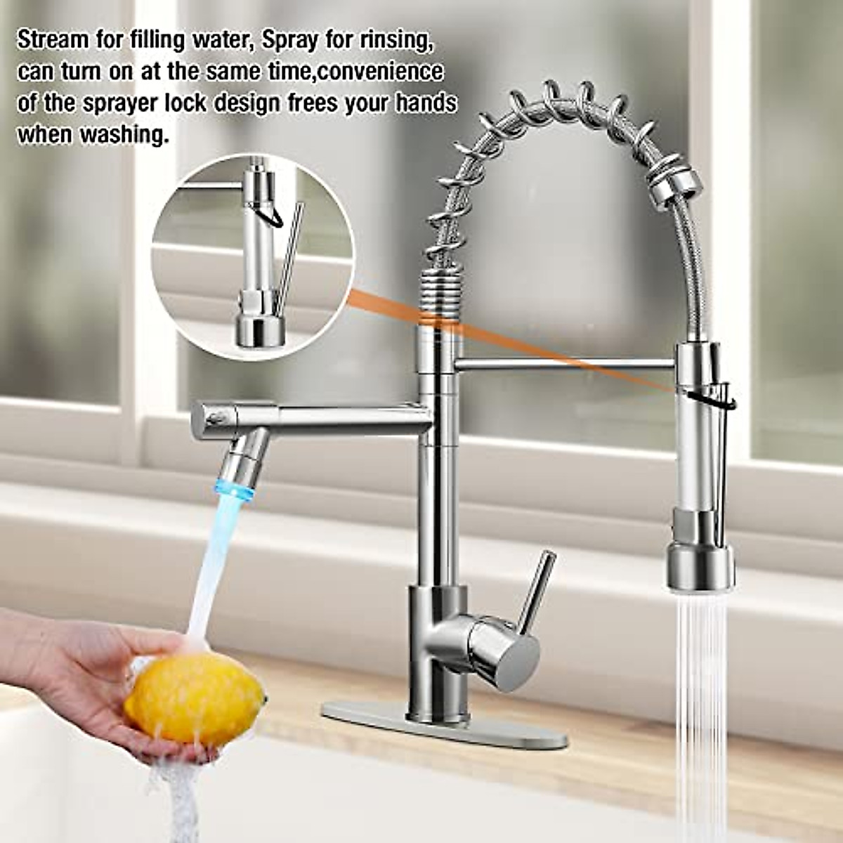KZH Kitchen Faucet with Pull Down Sprayer Commercial Single Handle Stainless Steel Two Spout Kitchen Sink Faucet with LED Light,Deck Plate,Brushed Nickel