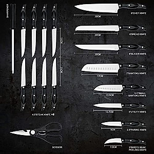 Wodillo Knife Set, 19 Pieces Kitchen Knife Set with Wooden Block, German Stainless Steel Sharp Chef Knife Set, Knife handle with Triple Rivet, Ultra Sharp