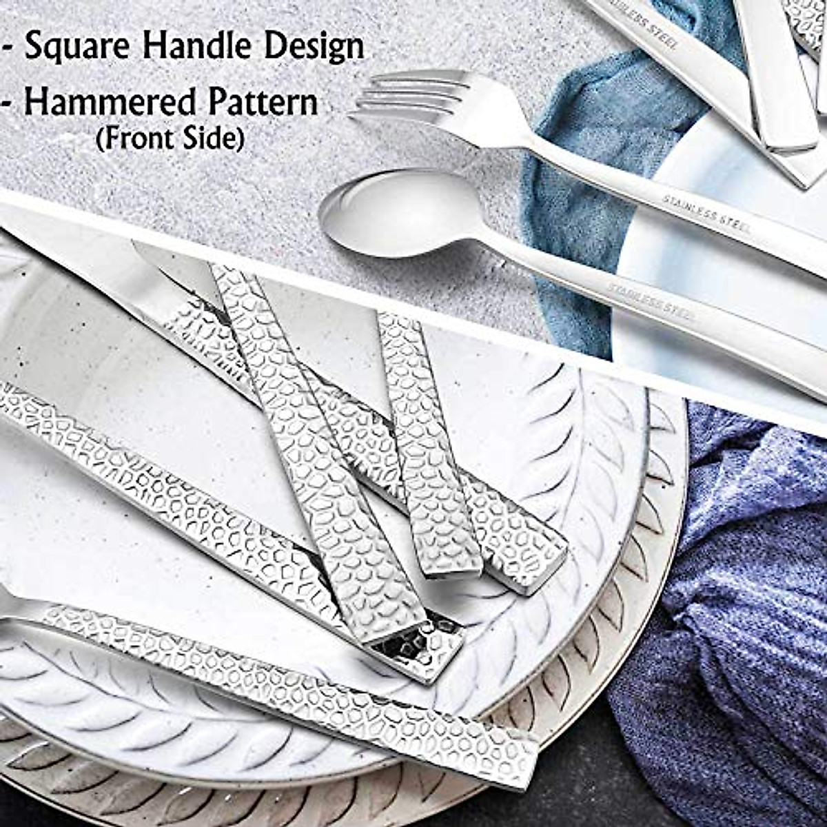 Hammered Silverware Set, E-far 40-Piece Stainless Steel Square Flatware Set for 8, Metal Tableware Cutlery Set Includes Dinner Knives/Forks/Spoons, Modern Design & Mirror Polished - Dishwasher Safe