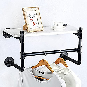 HAOVON Industrial Pipe Clothing Rack Wall Mounted Wood Shelf,Pipe Shelving Floating Shelves,Retail Garment Rack Display Rack Clothes Racks(1 Tier,24in)