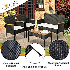SUNLEI Multi Pieces Outdoor Patio Furniture Sets Conversation Sets Rattan Chair Wicker Set,Glass Table,Outdoor Indoor Use Backyard Porch Garden Poolside (Black, 4 PCS-White/Wood Tabletop)…