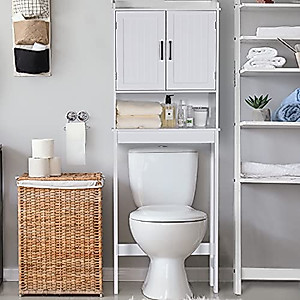 MUPATER Bathroom Over-The-Toilet Storage Cabinet Organizer with Doors and Shelves, Small Freestanding Toilet Space Saver Shelf with Adjustable Bottom Bar and Anti-Tip Design,White