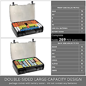 Aptbyte Battery Organizer Storage Holder Box Case with Tester- 269 Batteries Double-Sided Variety Pack, Holds AA AAA 4A C D Cell 9V 3V Lithium LR44 CR2 CR123 CR1632 18650 Button- Grey