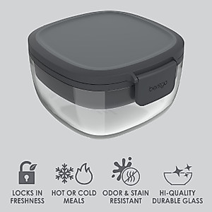 Bentgo® Glass - Leak-Proof Salad Container with Large 61-oz Salad Bowl, 4-Compartment Bento-Style Tray for Toppings, 3-oz Sauce Container for Dressings, and Built-In Reusable Fork (Dark Gray)