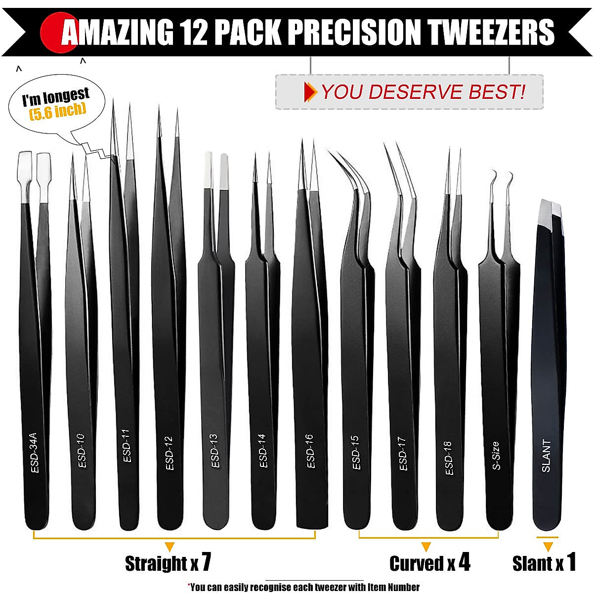 Antonki 12 Pack Tweezers, Precision Tweezers Set, Craft Tweezer Kit, Soldering Tweezers, Jewelry Tweezers, Pointed Ingrown Hair Tweezers, Eyelash Extension Tweezers, Eyebrow Tweezers - with Case
