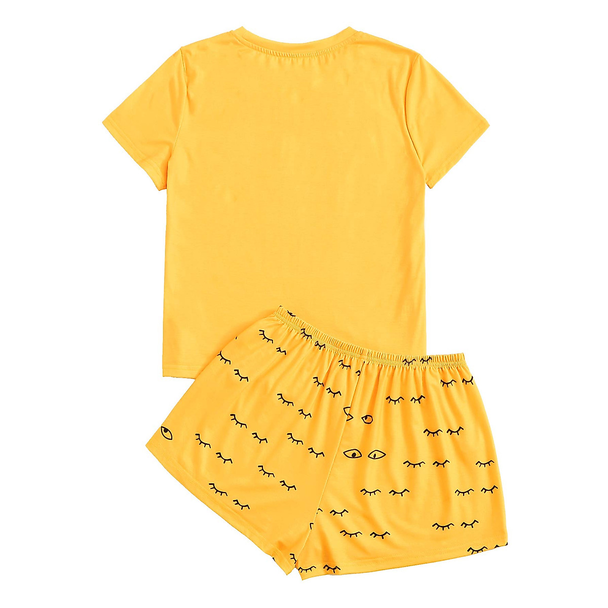 WDIRARA Women's Cute Cartoon Print Closed Eyes Print Tee and Shorts Pajama Set Yellow S