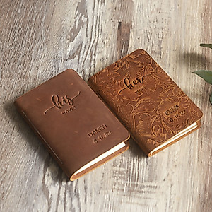 His Vows or Her Vows Stamped with Name and Date, Personalized Leather Wedding Vow Book, Set of 2 Personalized Vow Books - Brown & Tooled Brown - 3001