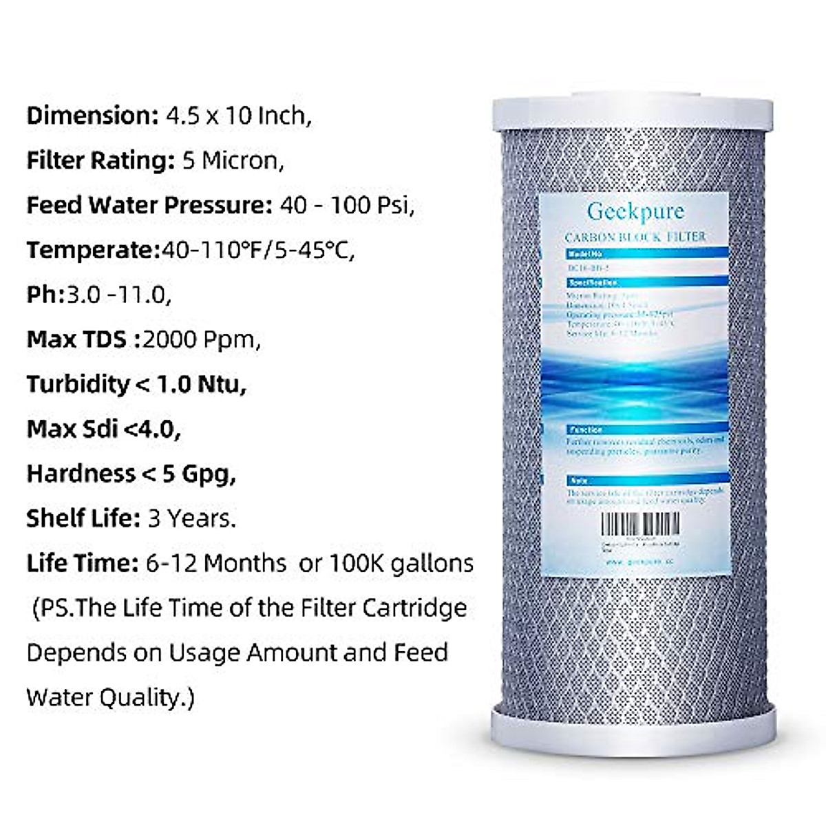 10-Inch Whole House Carbon Block Water Filter -4.5" x 10"-5 Micron- Pack 4