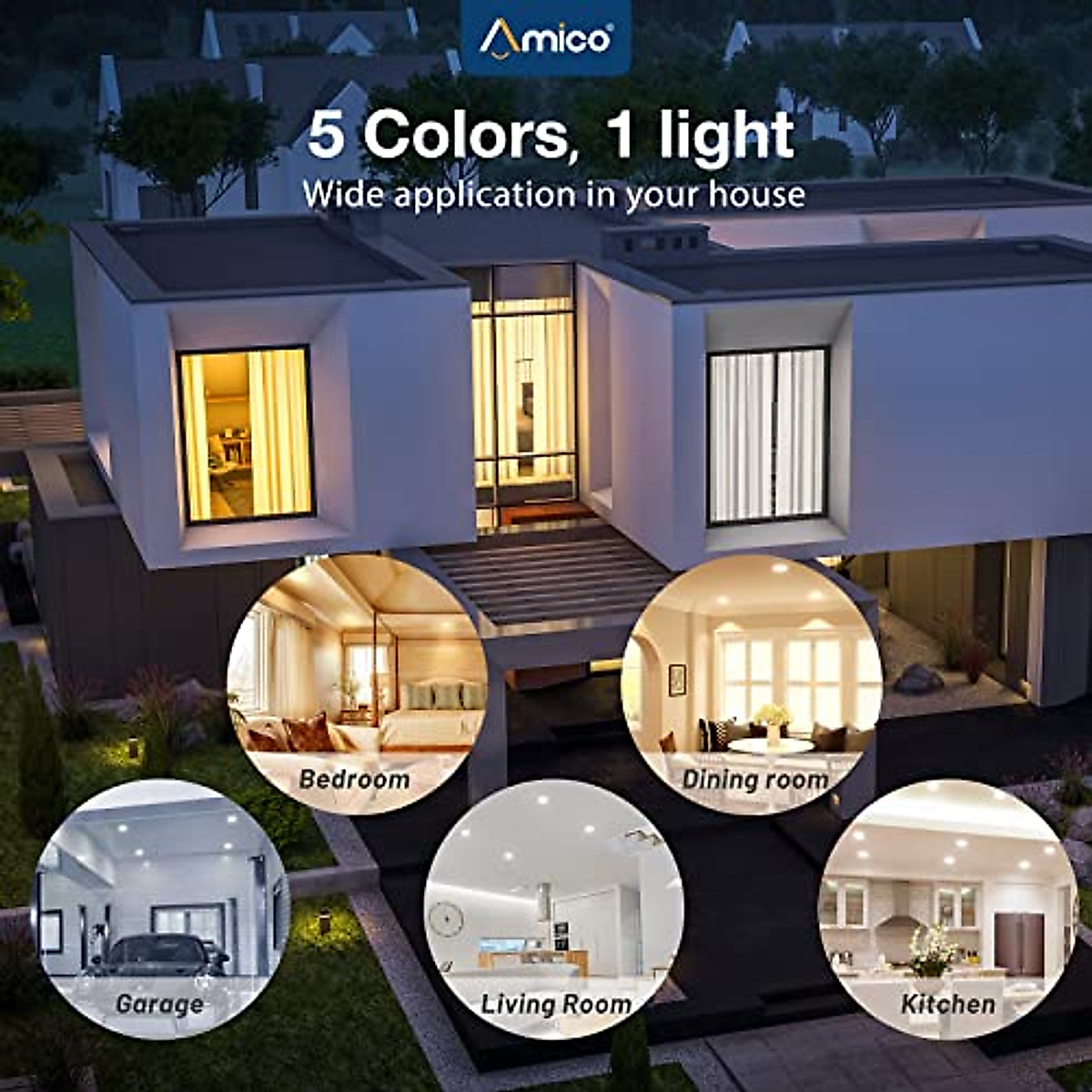 Amico 5/6 inch 5CCT LED Recessed Lighting 12 Pack, Dimmable, Damp Rated, 12.5W=100W, 950LM Can Lights with Baffle Trim, 2700K/3000K/4000K/5000K/6000K Selectable, Retrofit Installation - ETL & FCC