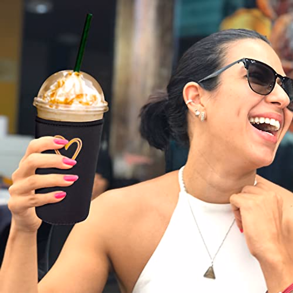 Fycyko Iced Coffee Sleeves Reusable Insulator for Cold& Hot Drink Cups-3 Pack Love Heart Cute Neoprene Iced Coffee Beverages Cup Sleeve,Compatible with Starbucks Dunkin McDonalds More-Black