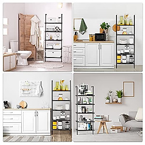 Bevfint 5-Tier Industrial Ladder Shelf Rustic Wall Mounted Metal Frame Bookcases, Multi-Use Open Shelf for Storage Organizer Plants Rack for Office and Home, Living Room, Bedroom - Black Marble Board